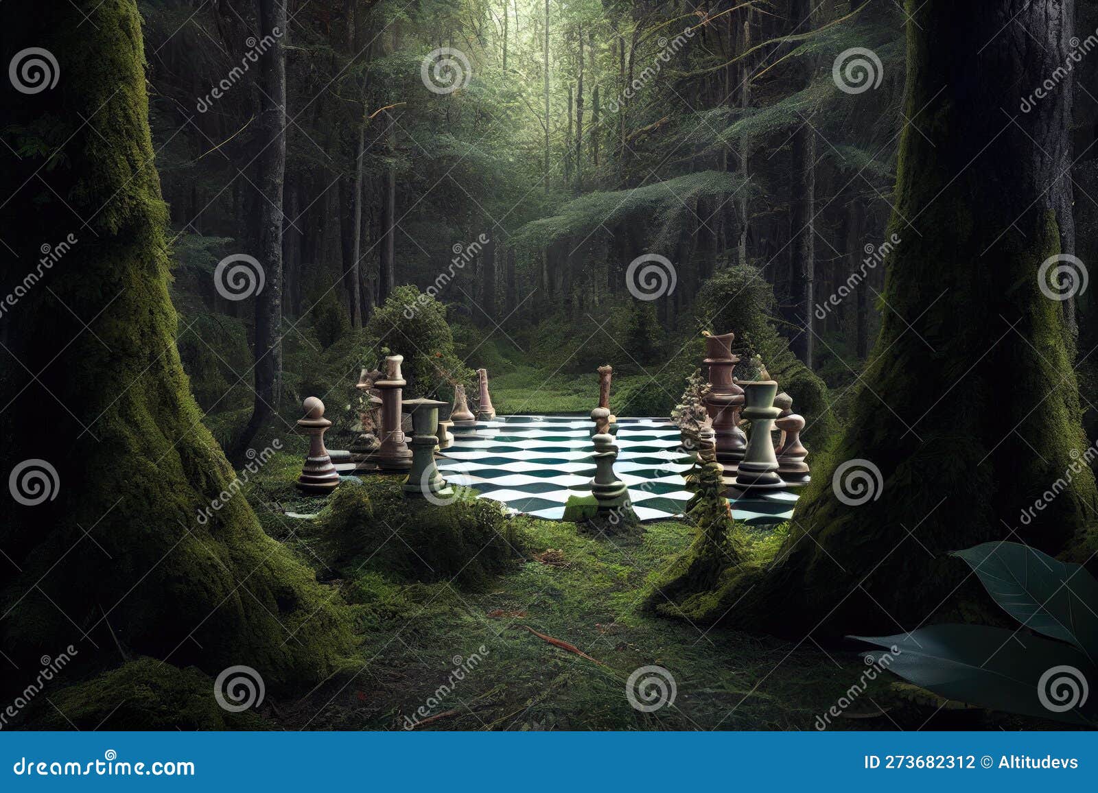 Chess Board in a Dense, Overgrown Forest with Towering Trees and Lush ...