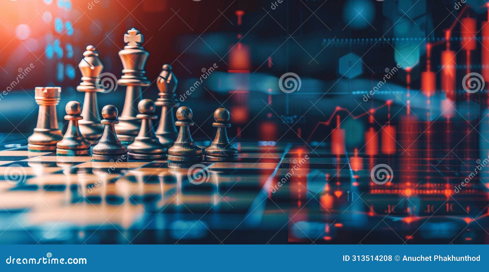 A Chess Board with a Few Pieces on it and a Graph in the Background ...