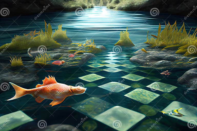 Chess Board Floating on a Stream, with Fish Swimming Past Stock ...