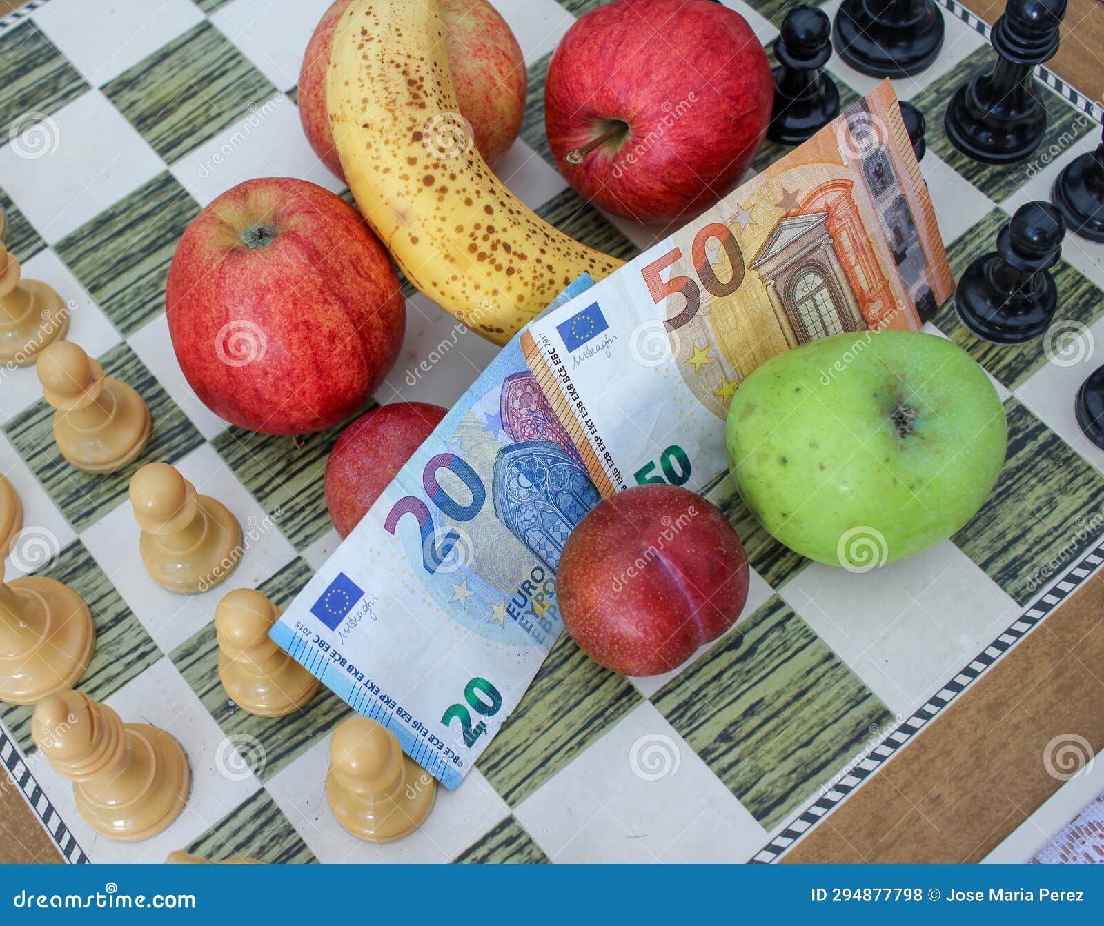 Chess Board with Fruits and Euro Bills Stock Photo - Image of currency ...