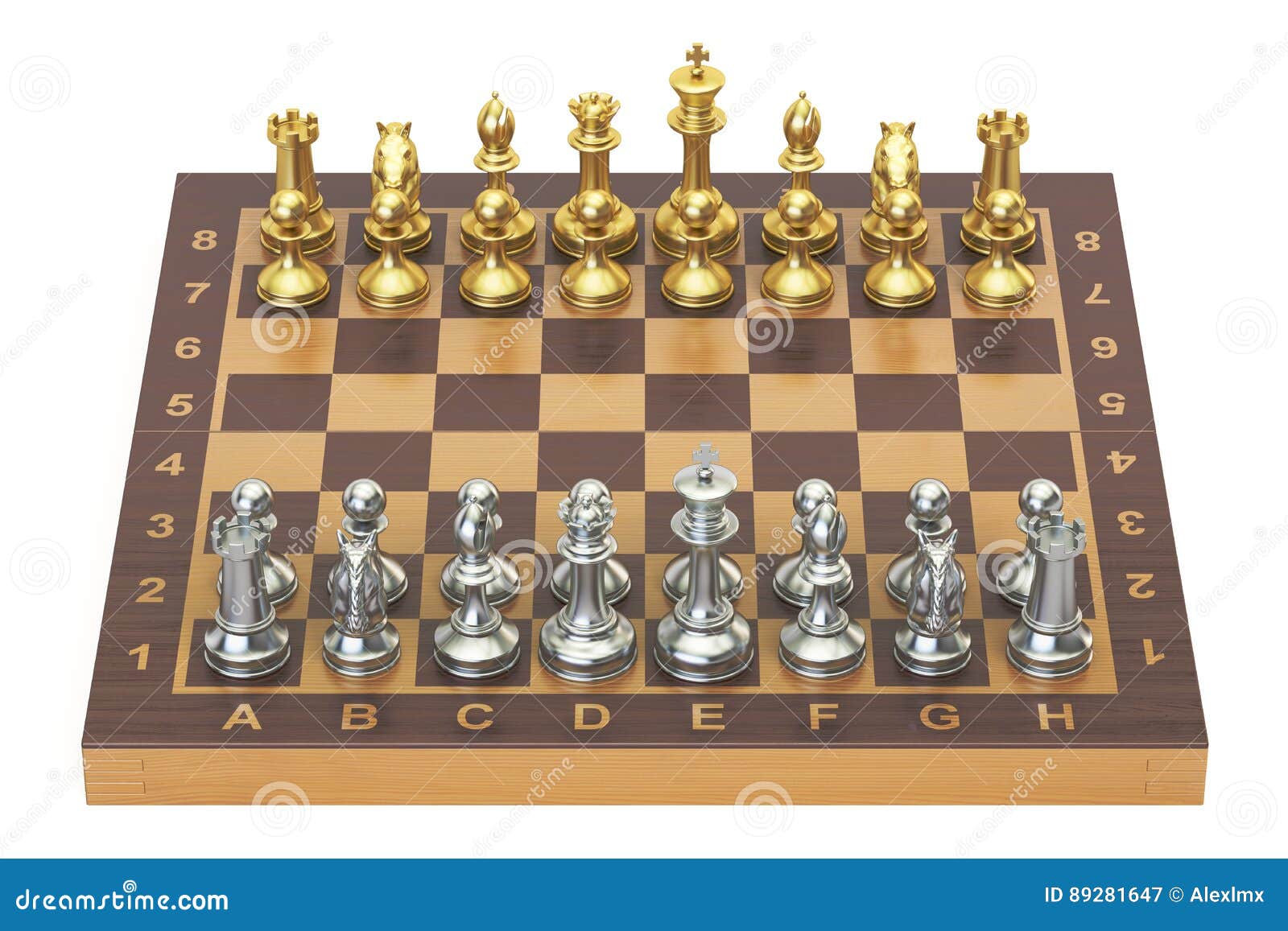 Chess Board with Gold and Silver Figures, Top View. 3D Rendering Stock ...