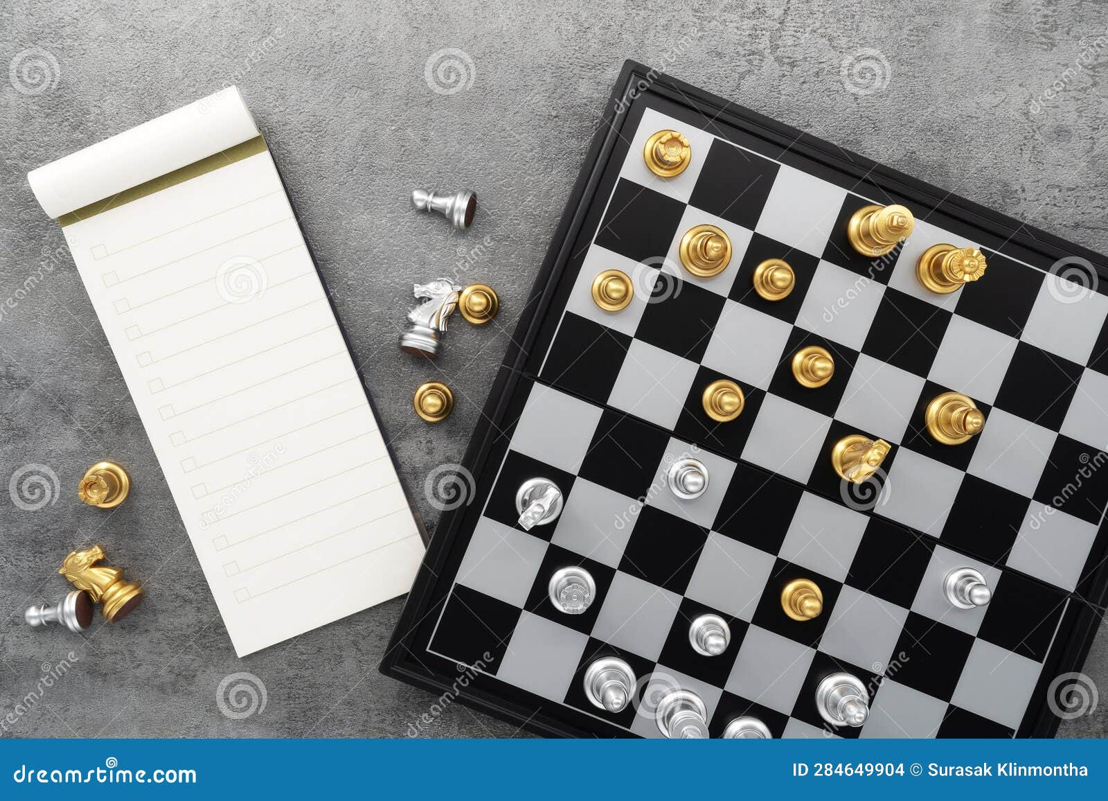 Chess Board with Chess Pieces and Notebook on Stone Texture Background ...