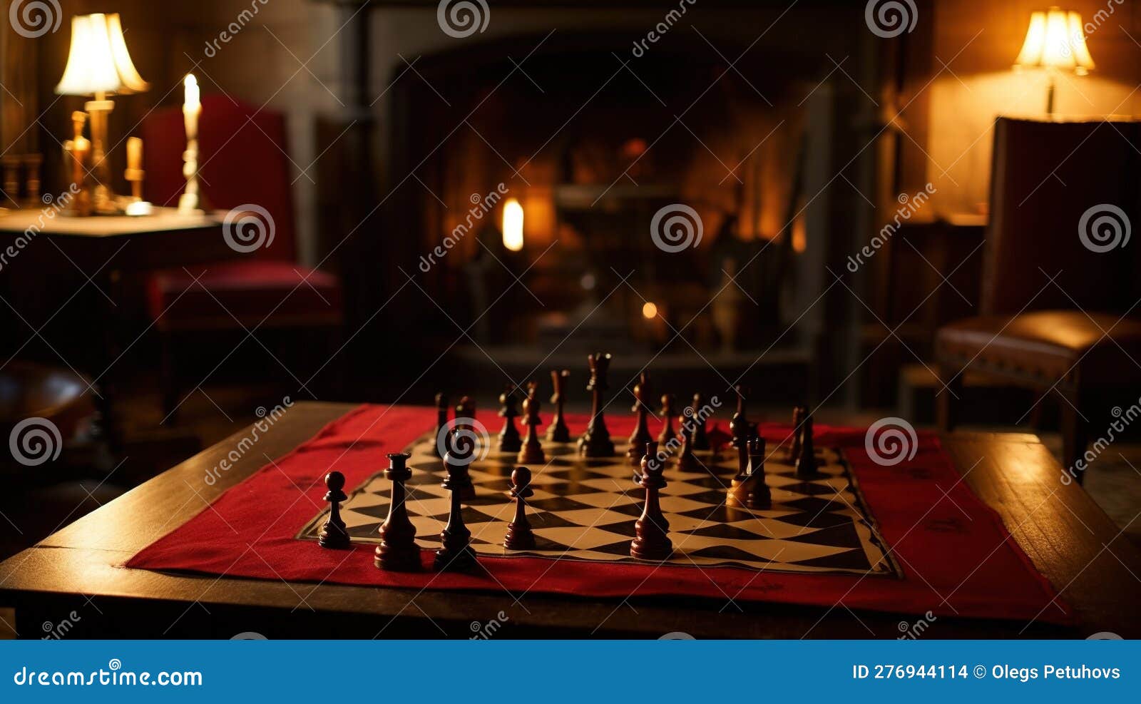 A Chess Board Sitting on Top of a Table in Front of a Fire Place Stock ...