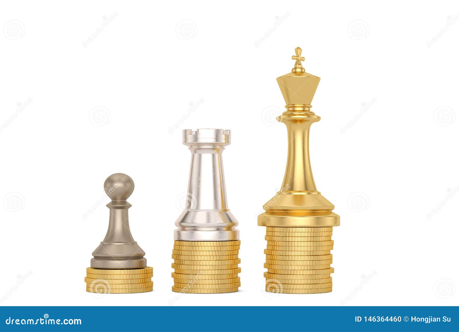 Chess and Coin Stacks Isolated on White Background 3D Illustration ...