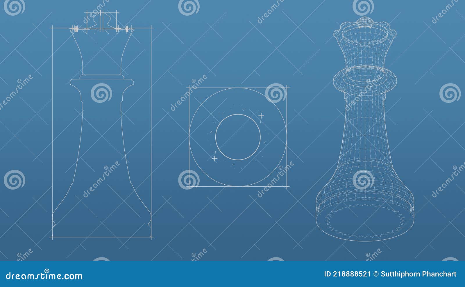 Chess 3d Blueprint Mesh Model on a Blue Background. Front View ...