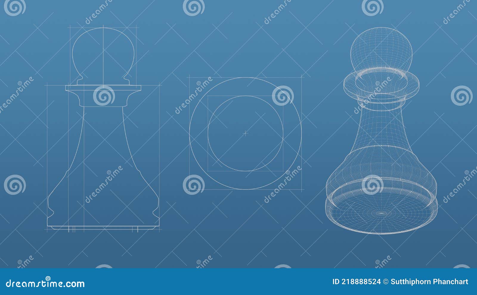 Chess 3d Blueprint Mesh Model on a Blue Background. Front View ...