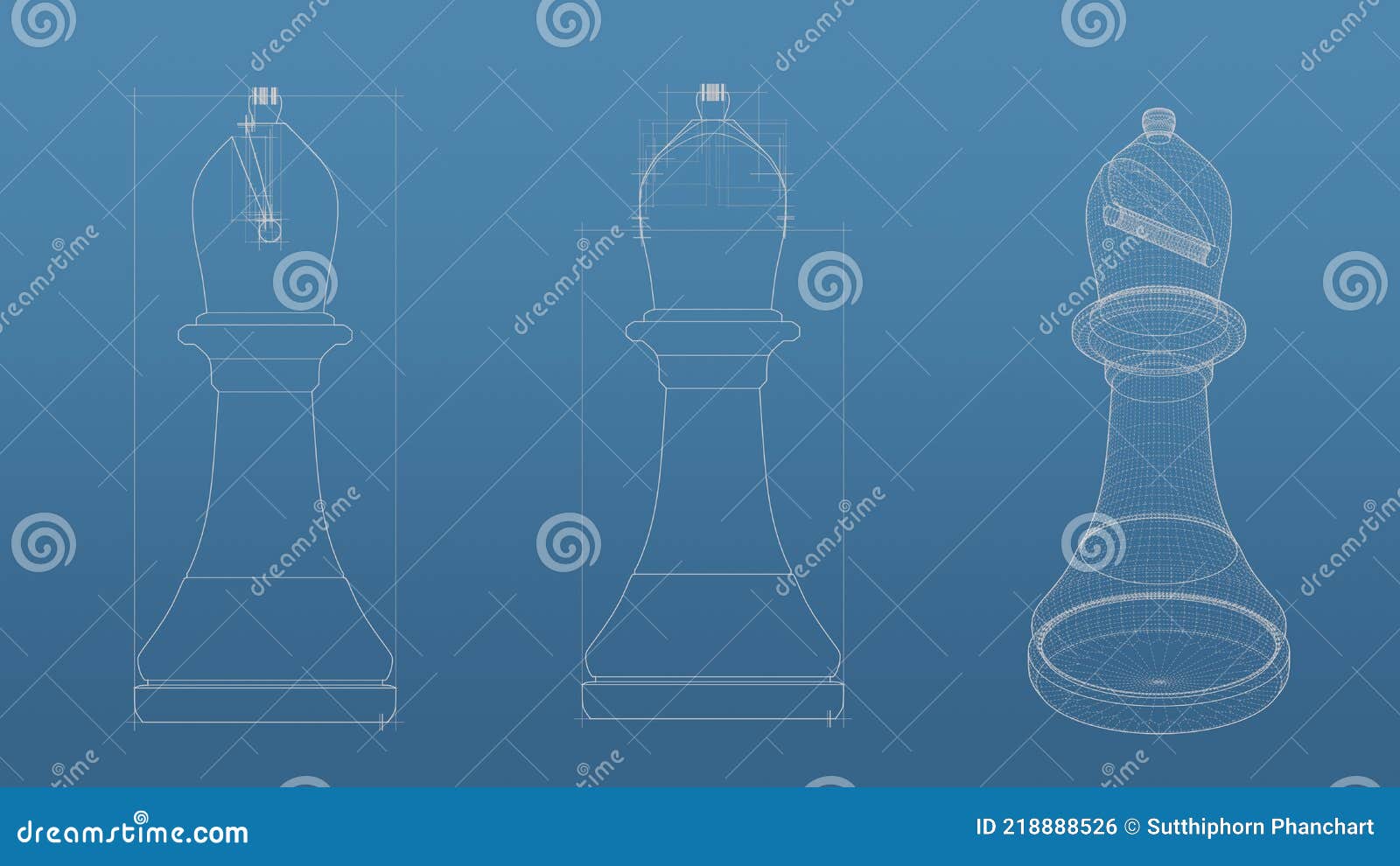 Chess 3d Blueprint Mesh Model on a Blue Background. Front View ...