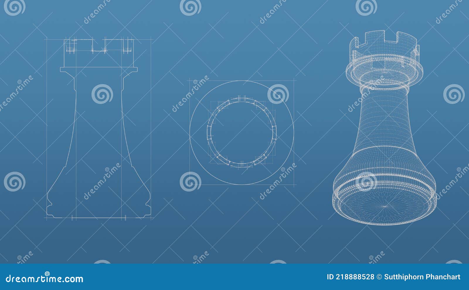 Chess 3d Blueprint Mesh Model on a Blue Background. Front View ...