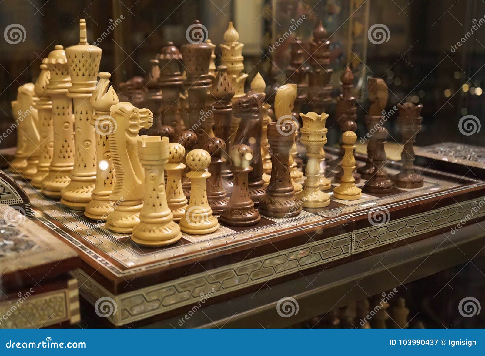 Chess on Display through the Glass with Some Bokeh Elements Stock Image ...