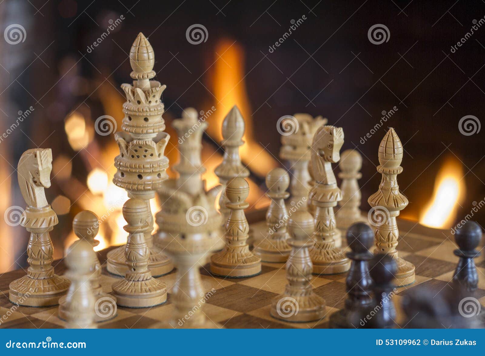 Chess Figures with Fireplace Background Stock Photo - Image of pieces ...