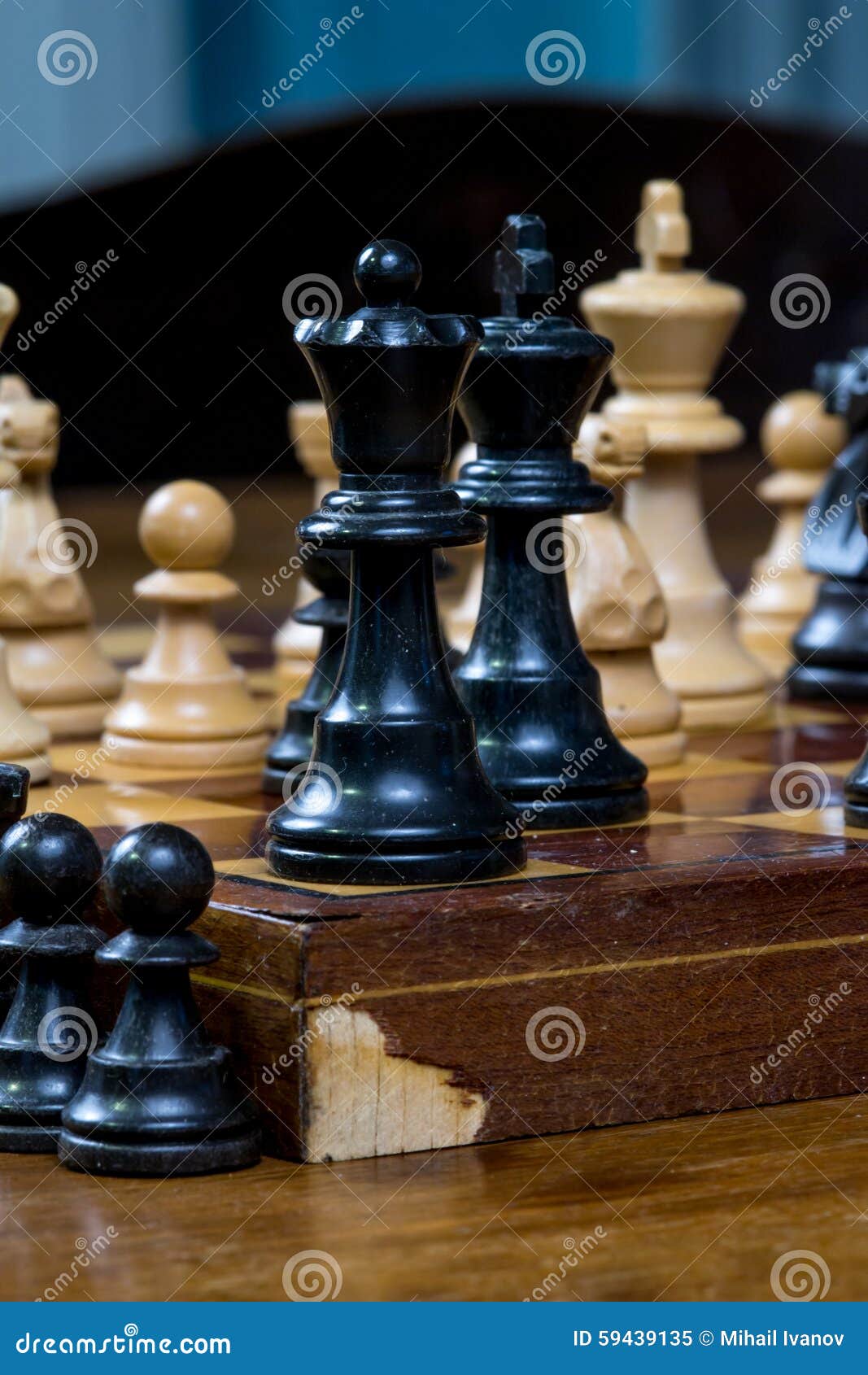 Chess Game, Close Up of a Black King and Queen, Other Figures in the ...