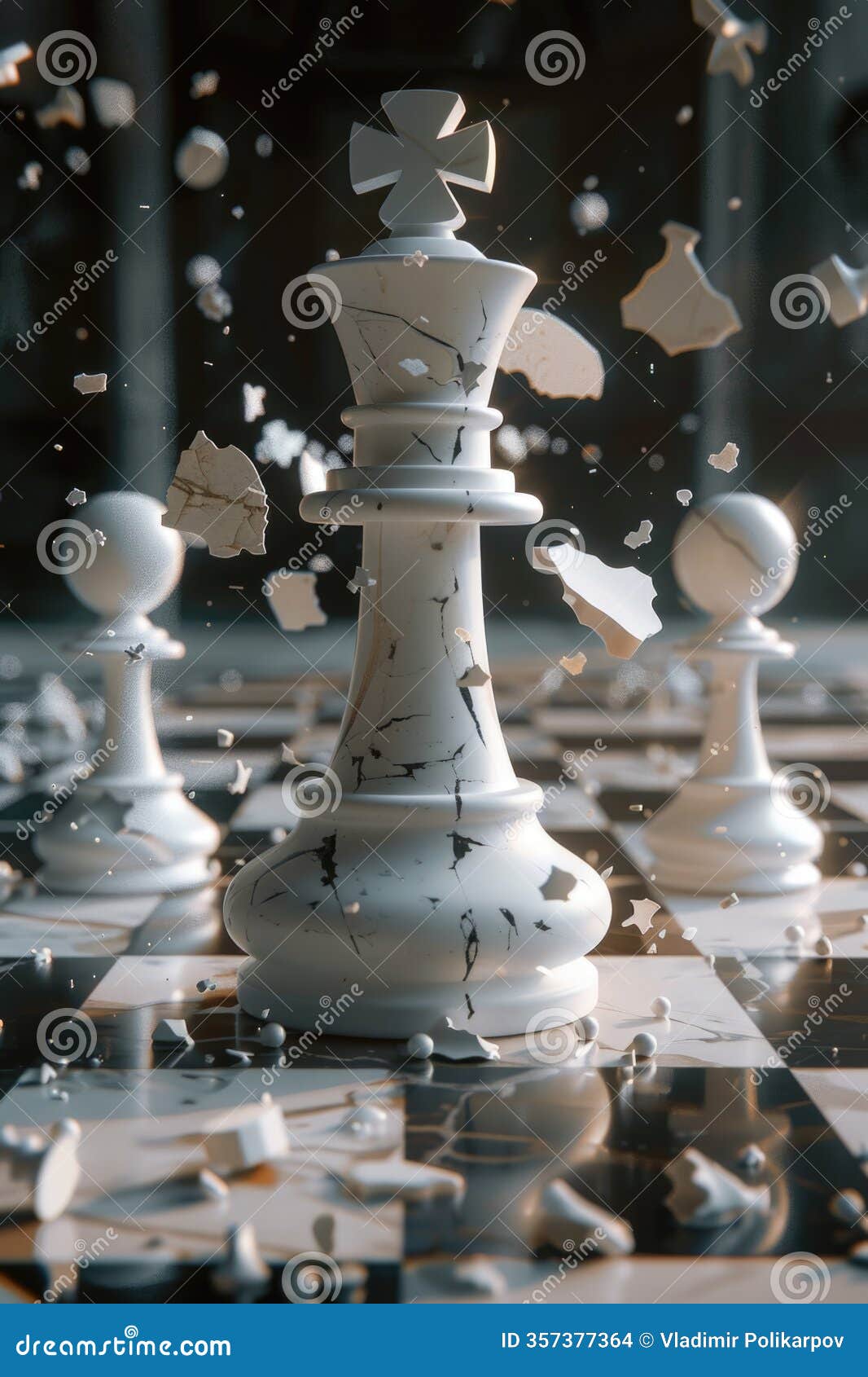 A Chess Game in Disarray with Broken Chess Pieces Scattered Across the ...