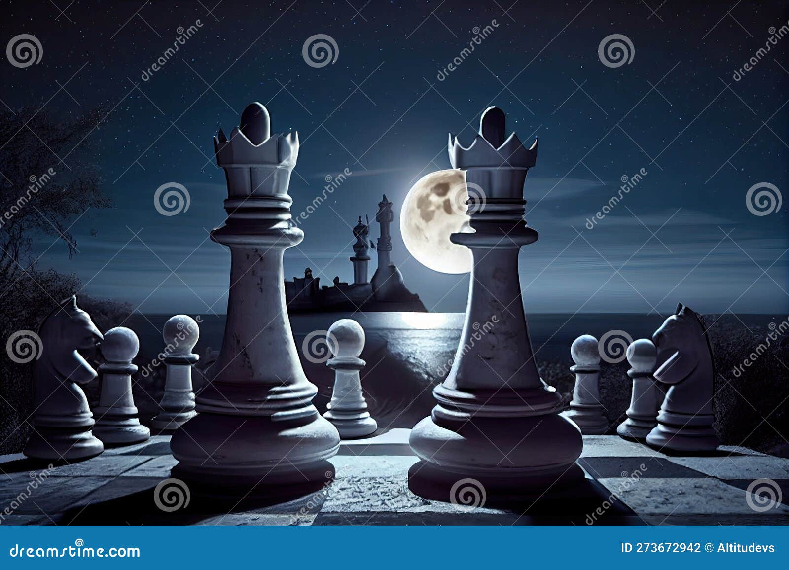 Chess Game in the Moonlight, with Full Moon and Stars Shining Above ...