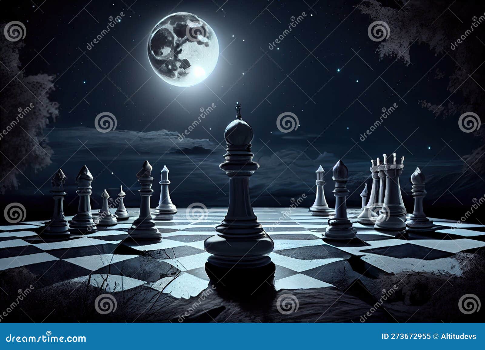 Chess Game in the Moonlight, with Full Moon and Stars Shining Above ...