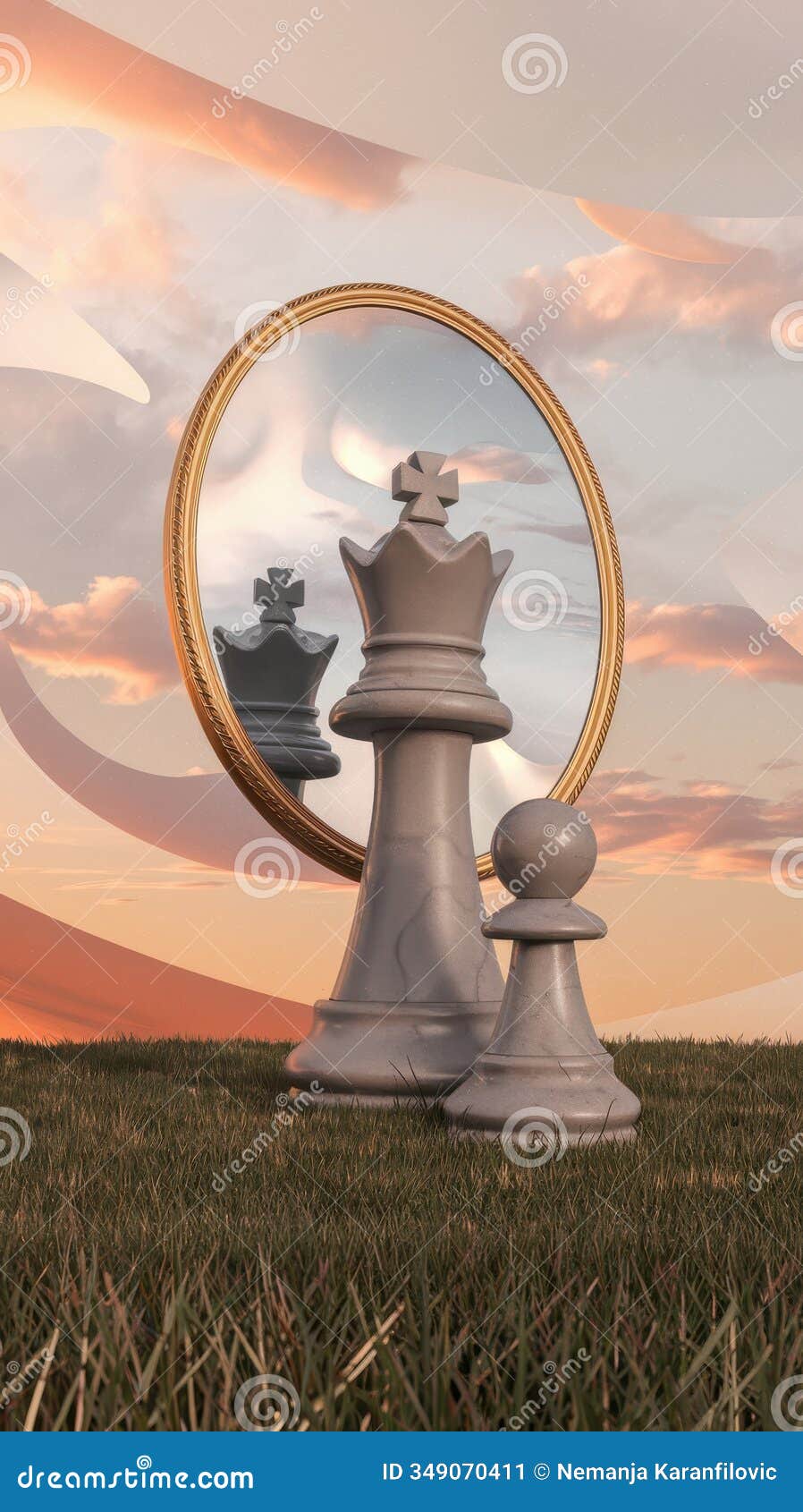 Chess King and Queen on Grass with Mirror Under Overcast Sky Stock ...