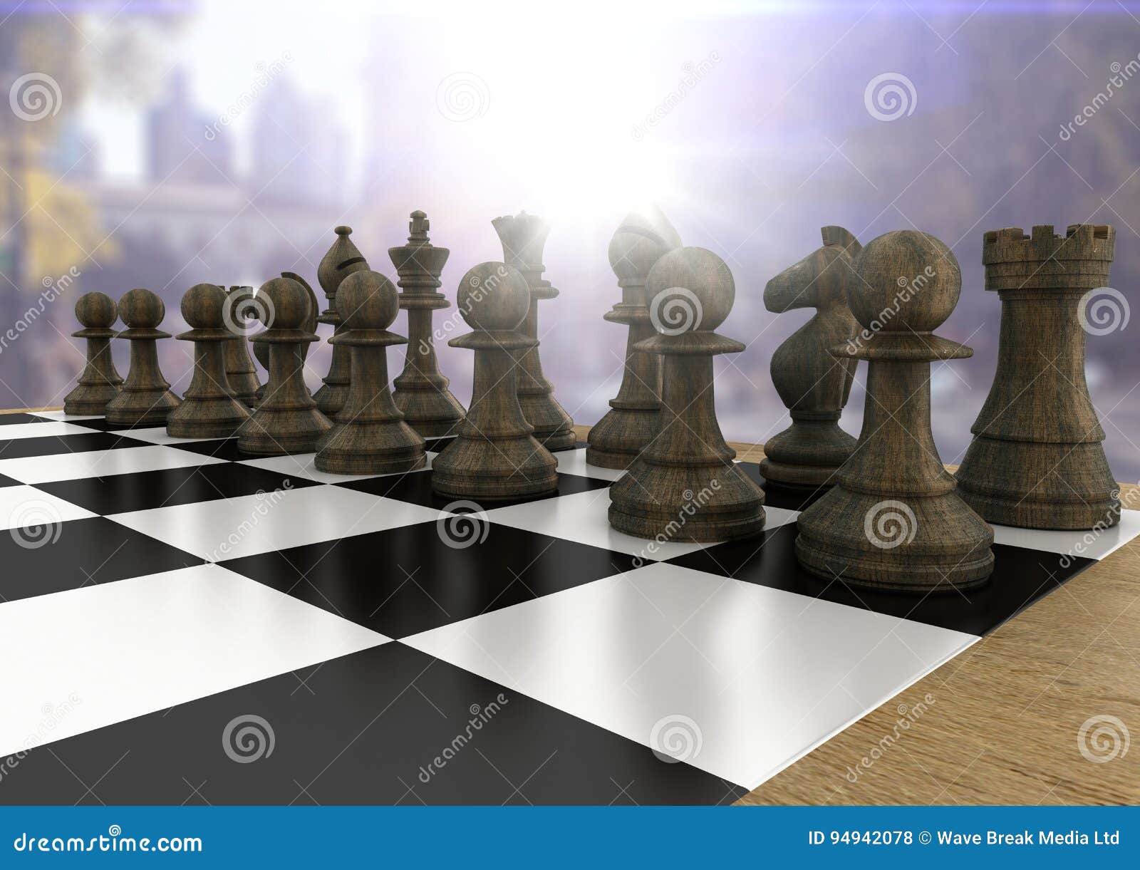 Chess Pieces Against Blurry Background with Flares Stock Illustration ...