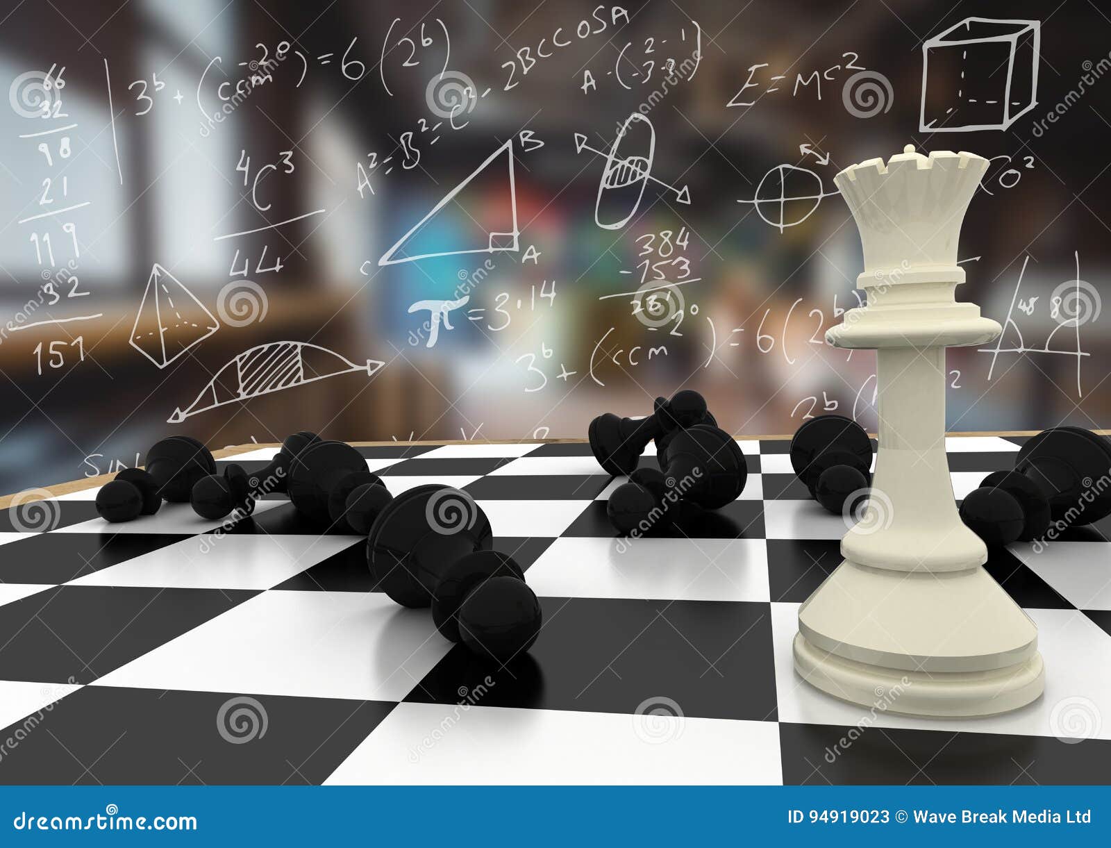 Chess Pieces Against Blurry Room with White Math Doodles Stock ...