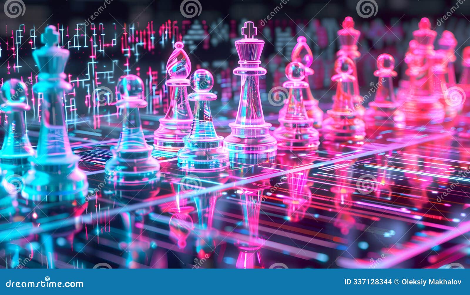 Chess Pieces on Board in Neon Lights. Circuit Board Pattern and Binary ...