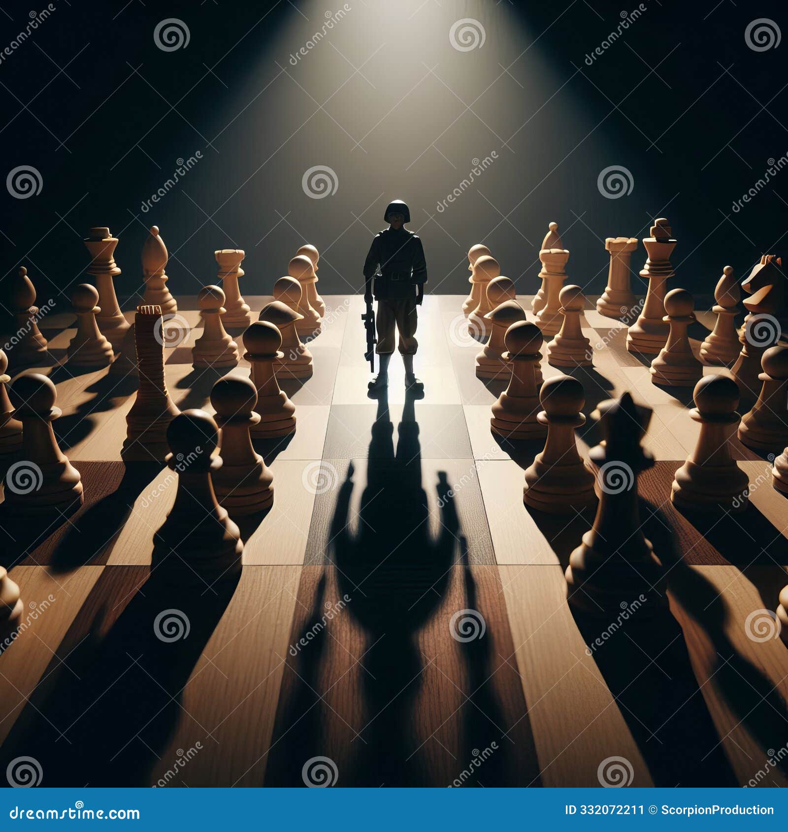 Chess Pieces on a Board with Soldier Figure in Spotlight Stock ...