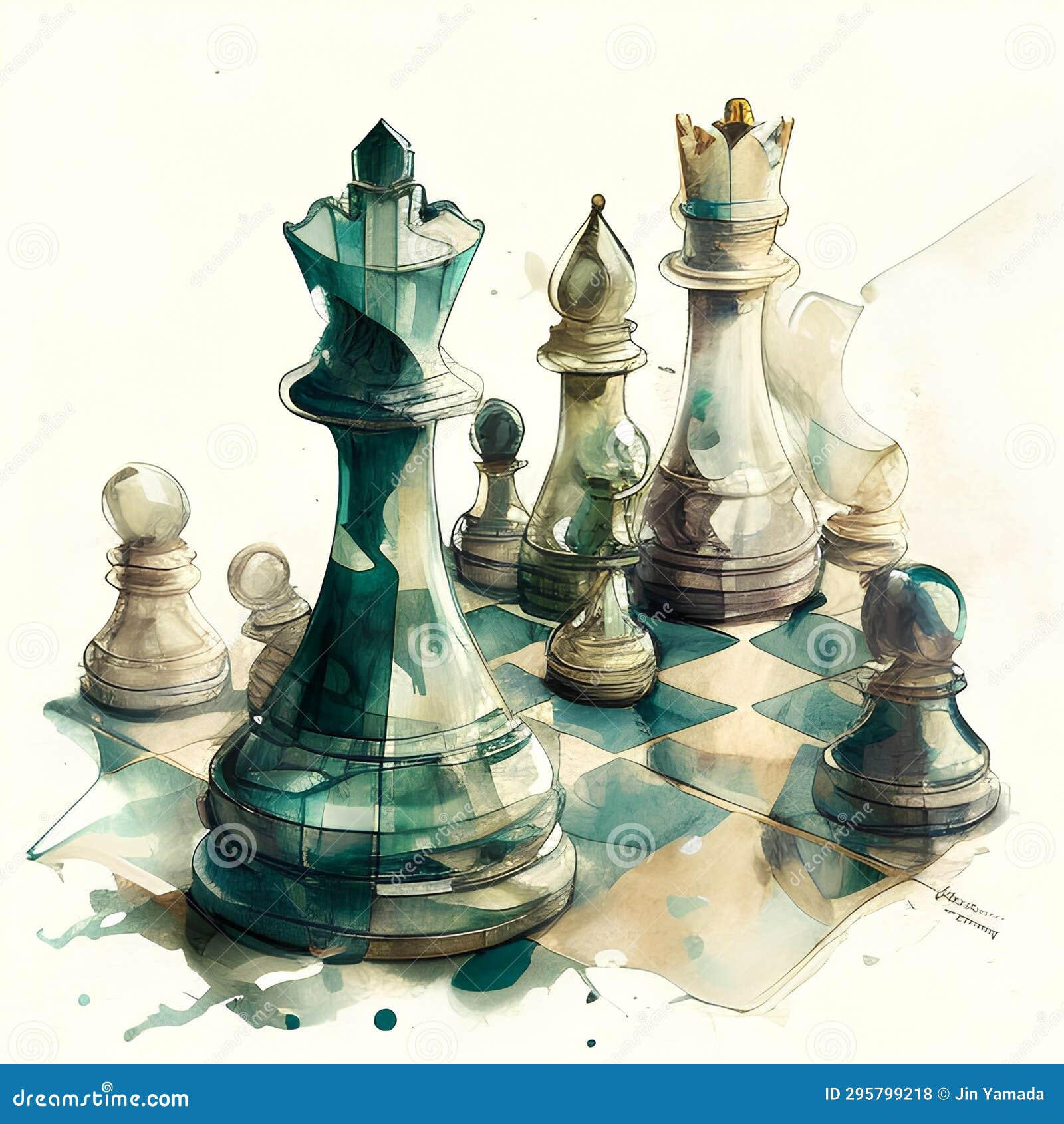 Chess Pieces on a Chessboard. Digital Watercolor Painting Stock ...
