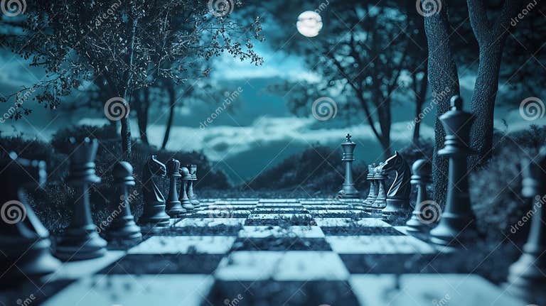 Chess Pieces on a Chessboard in a Forest at Night with the Moon in the ...