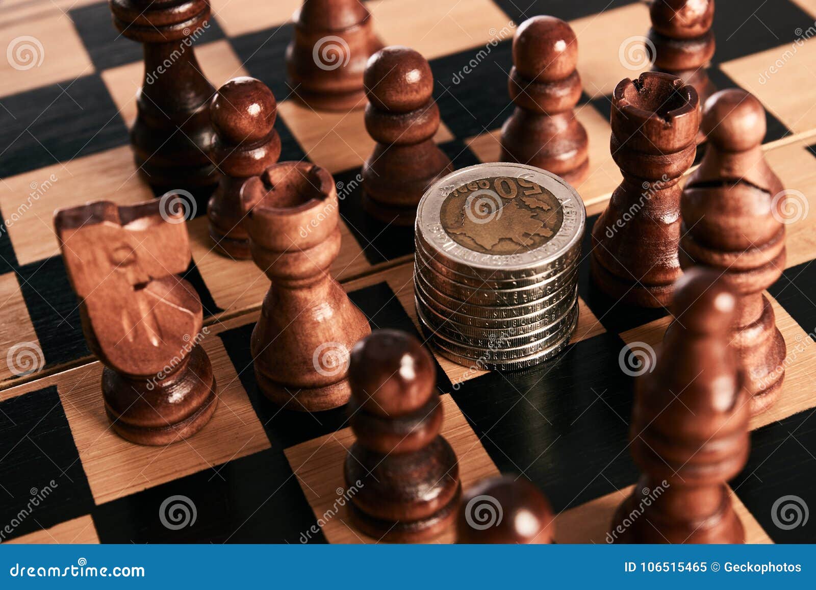 Chess Pieces with Coins Stack on the Chessboard Stock Image - Image of ...