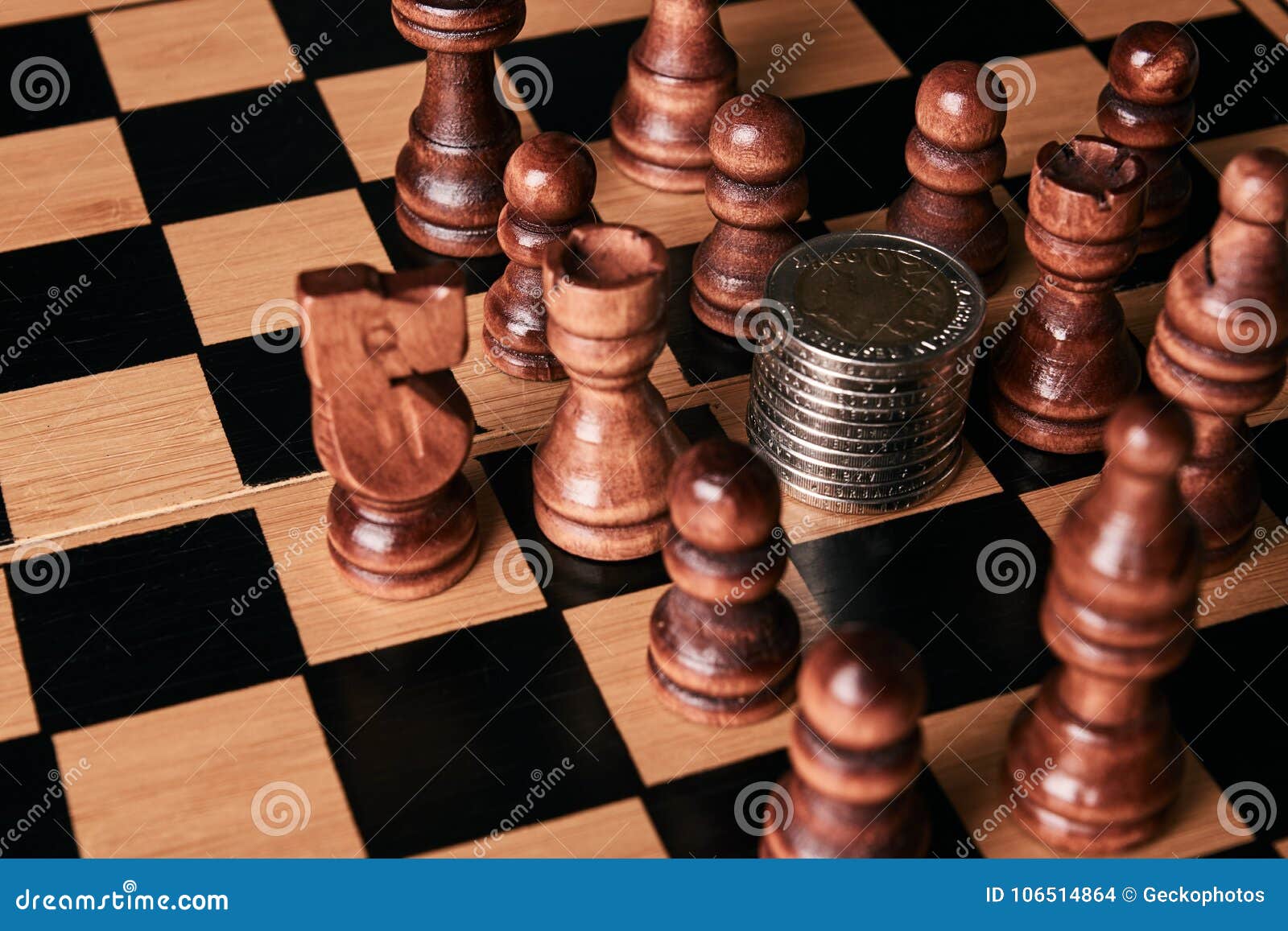 Chess Pieces with Coins Stack on the Chessboard Stock Photo - Image of ...