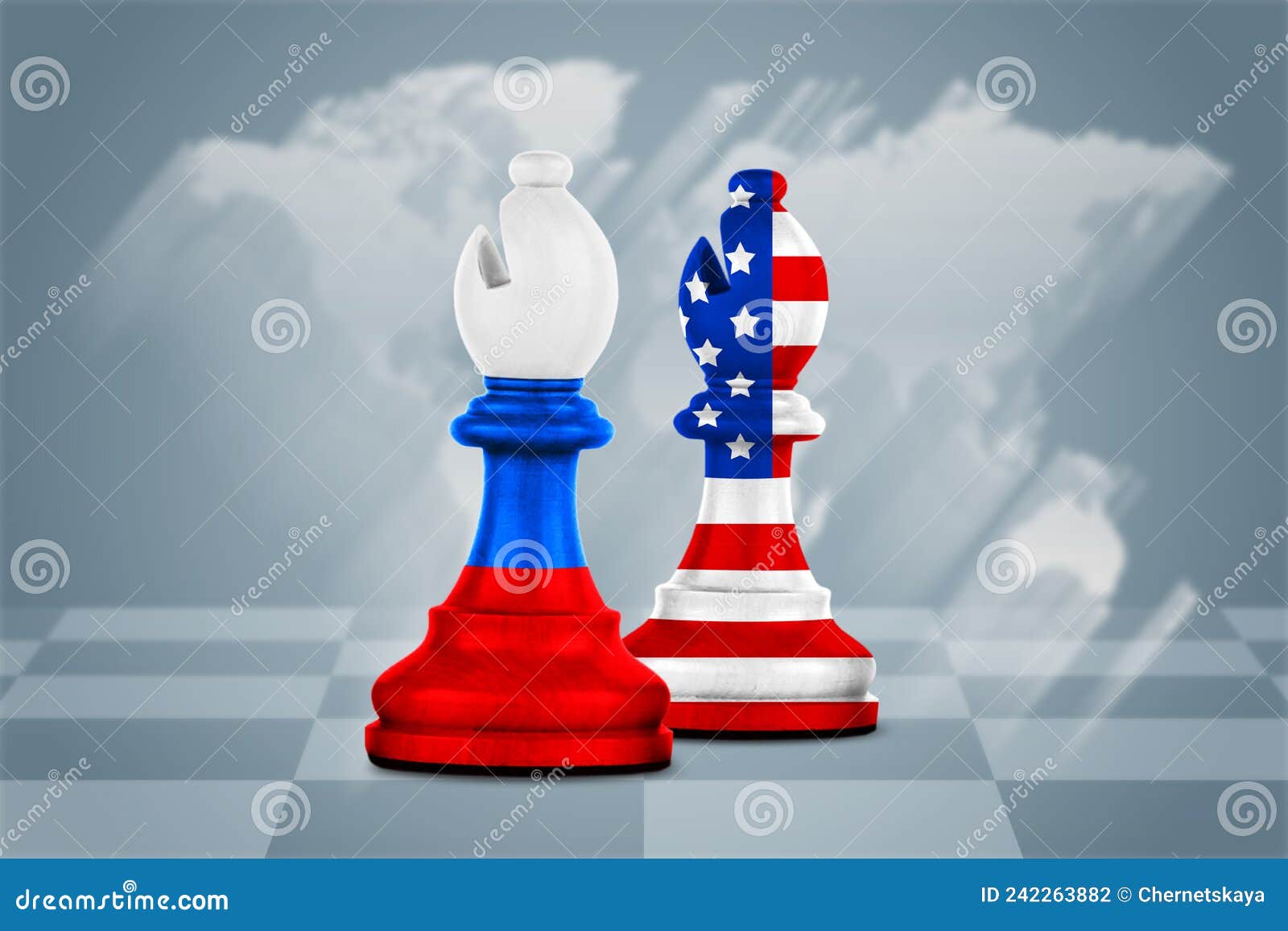 Chess Pieces in Color of Russian and American Flags on Board Stock ...