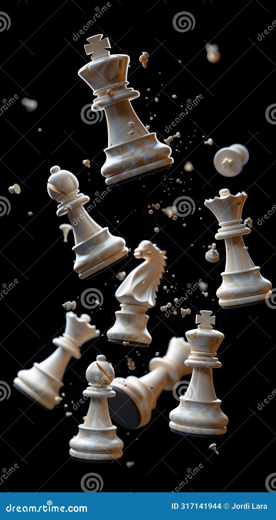 Chess Pieces Explosion Flying Down from the Sky on Black Background ...