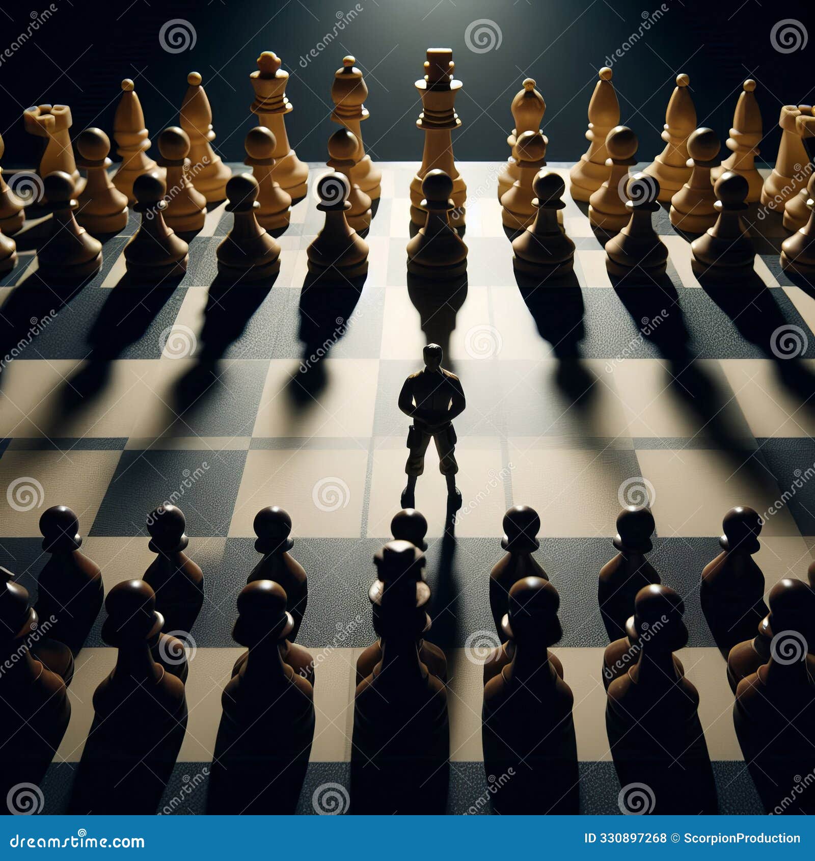 Chess Pieces Facing a Lone Figure on Chessboard Stock Photo - Image of ...