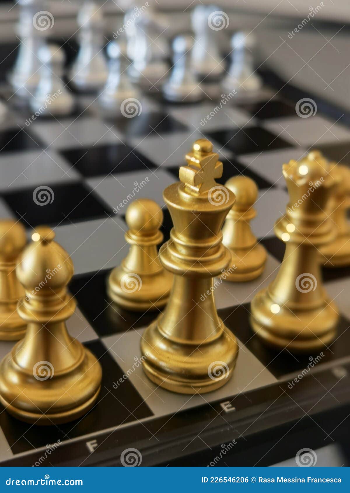 Chess Pieces, Focus on Golden King Stock Photo - Image of chessboard ...