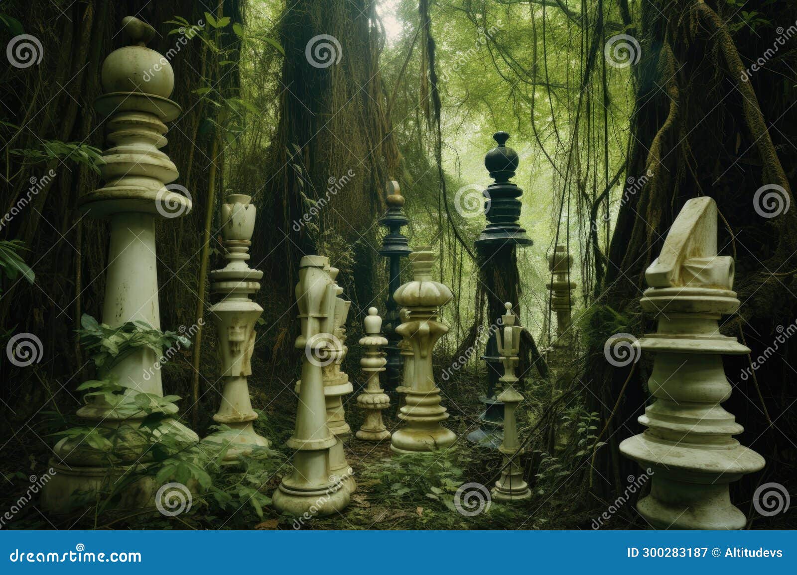 Chess Pieces Growing Out from Tree Branches in a Lush Forest Stock ...