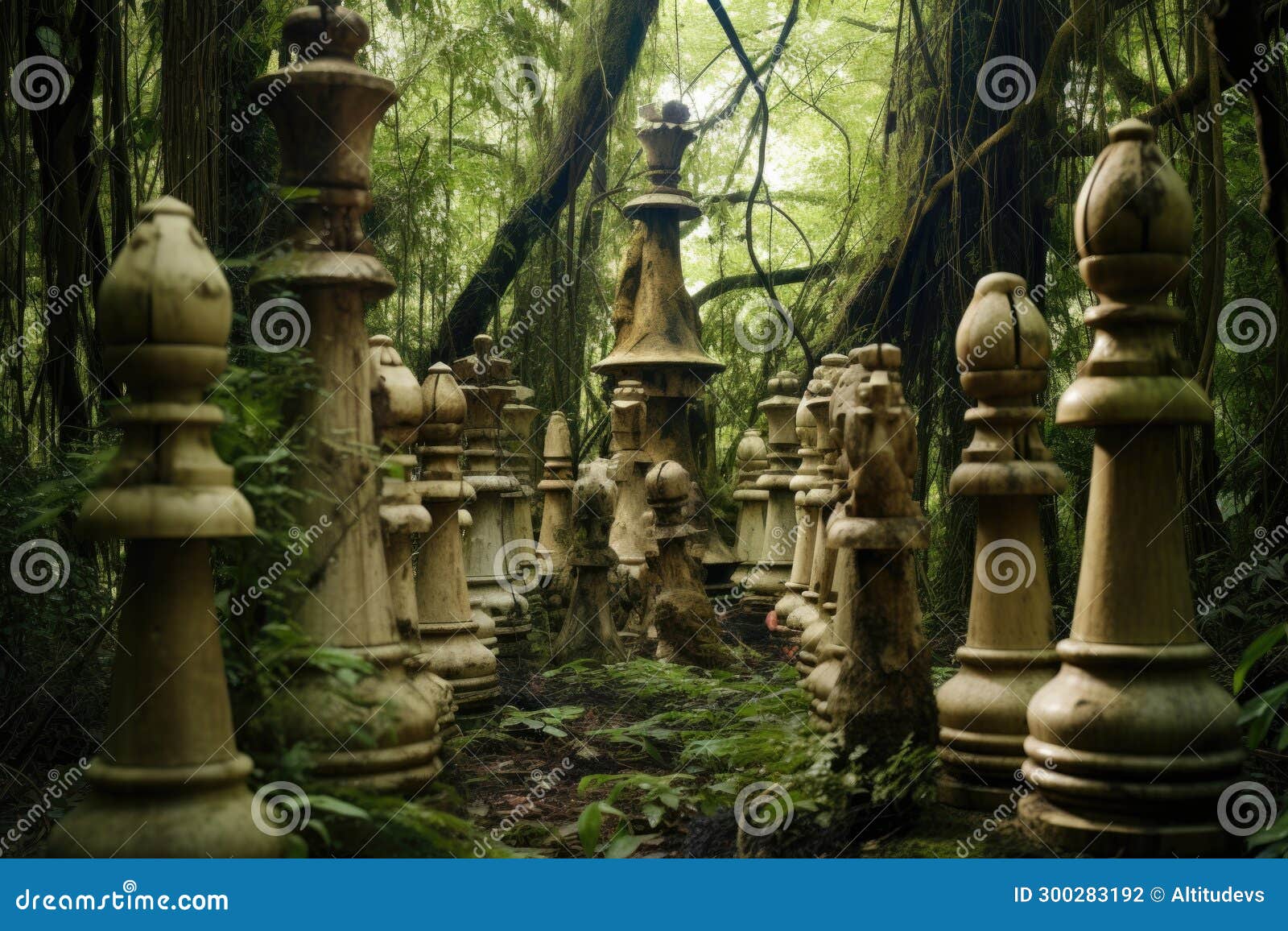 Chess Pieces Growing Out from Tree Branches in a Lush Forest Stock ...