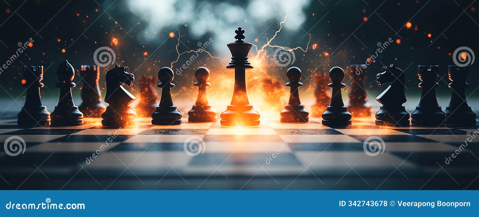 Chess Pieces Lined Up with a Dramatic Fiery Background Stock ...