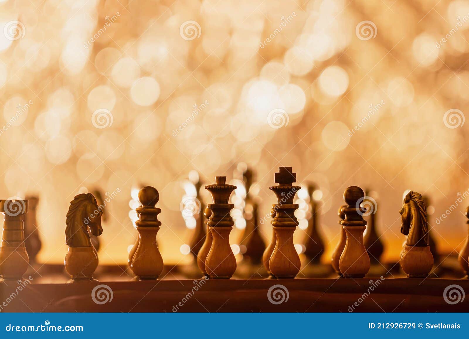 Chess Pieces Placed on Chess Board, Beginning of Game. Abstract Shining ...