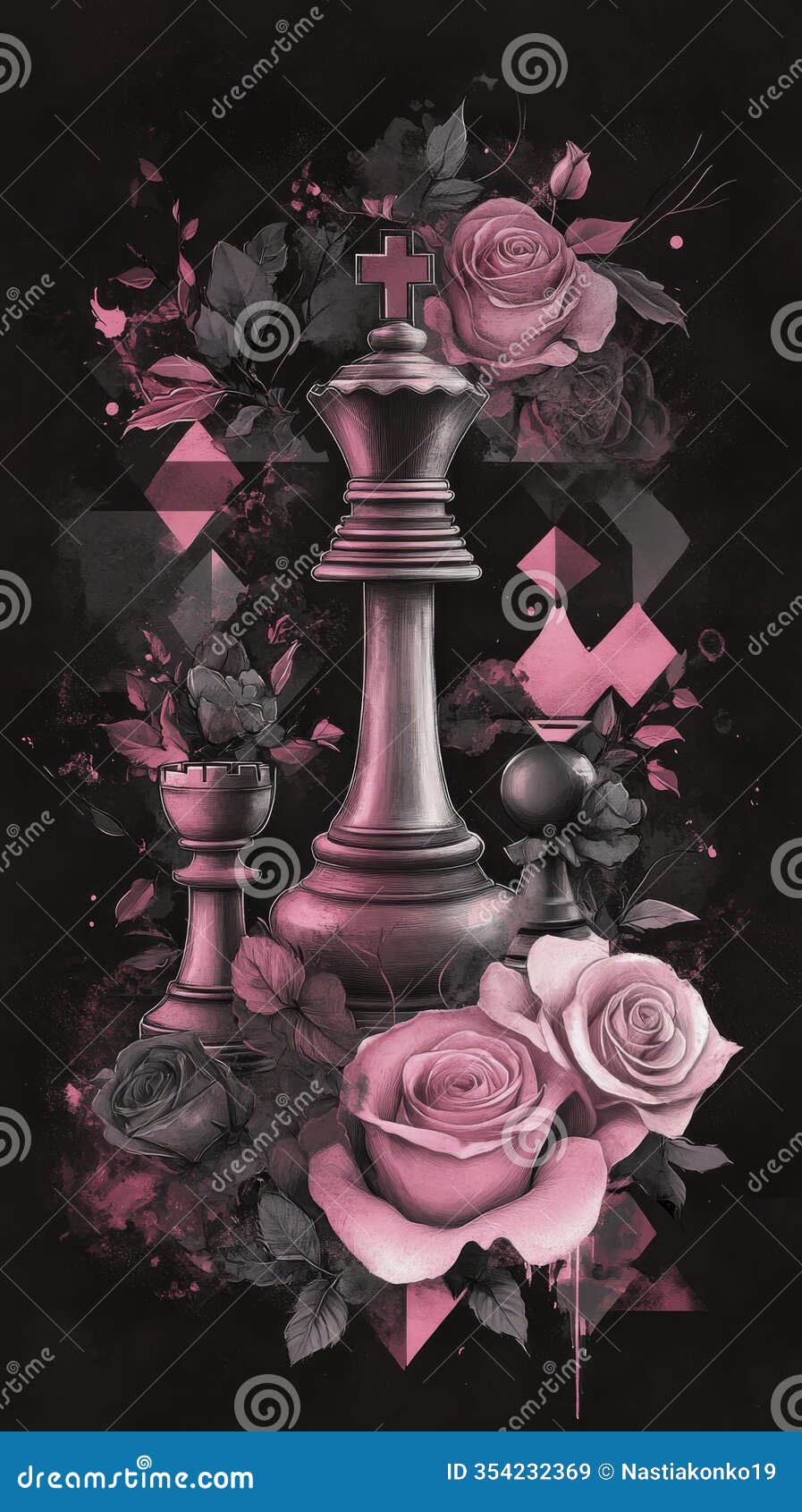 Chess Pieces and Roses with Geometric Patterns and Dark Floral Design ...
