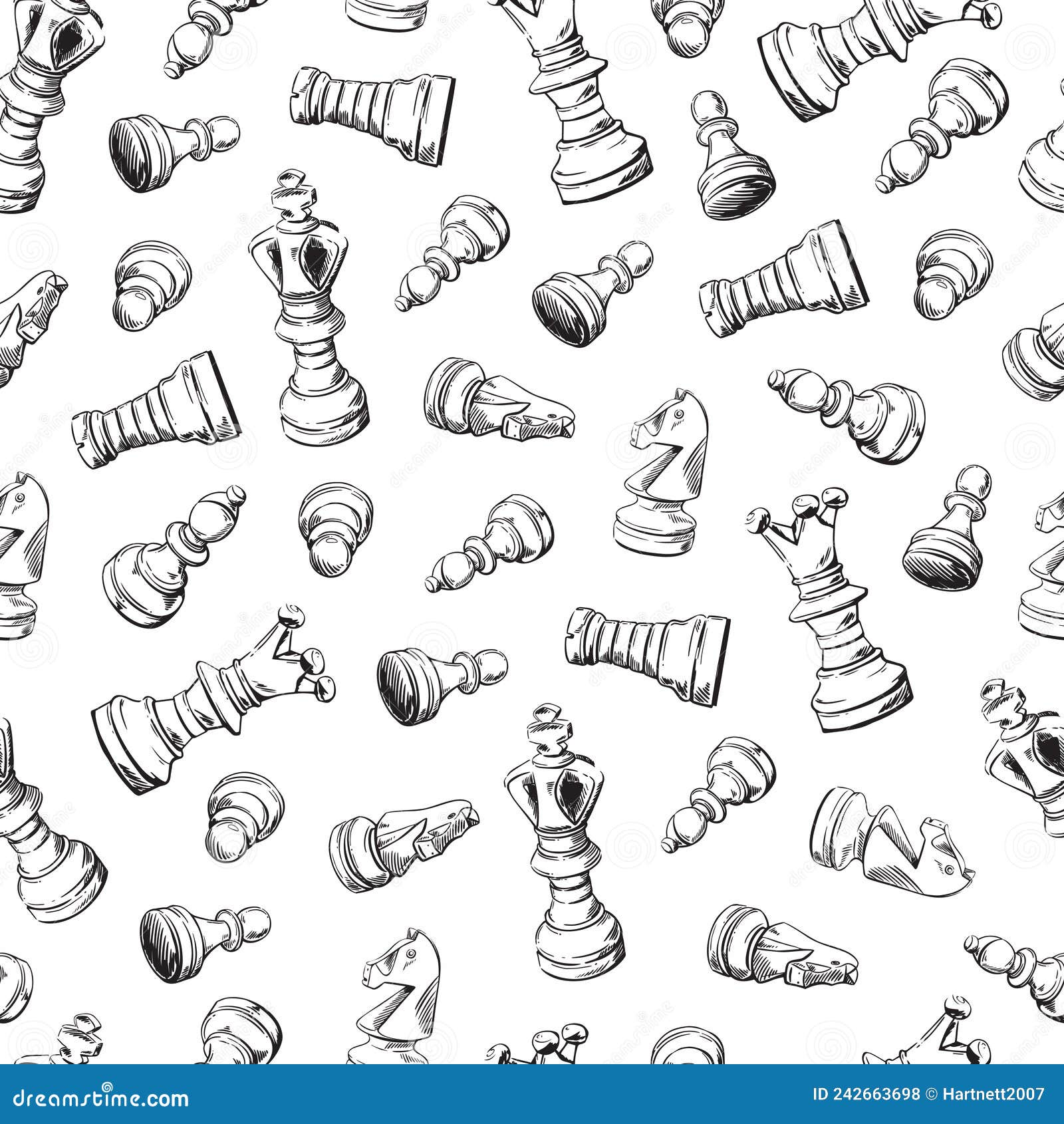 Chess Pieces Seamless Pattern on a White Background. Sketch. Vector ...