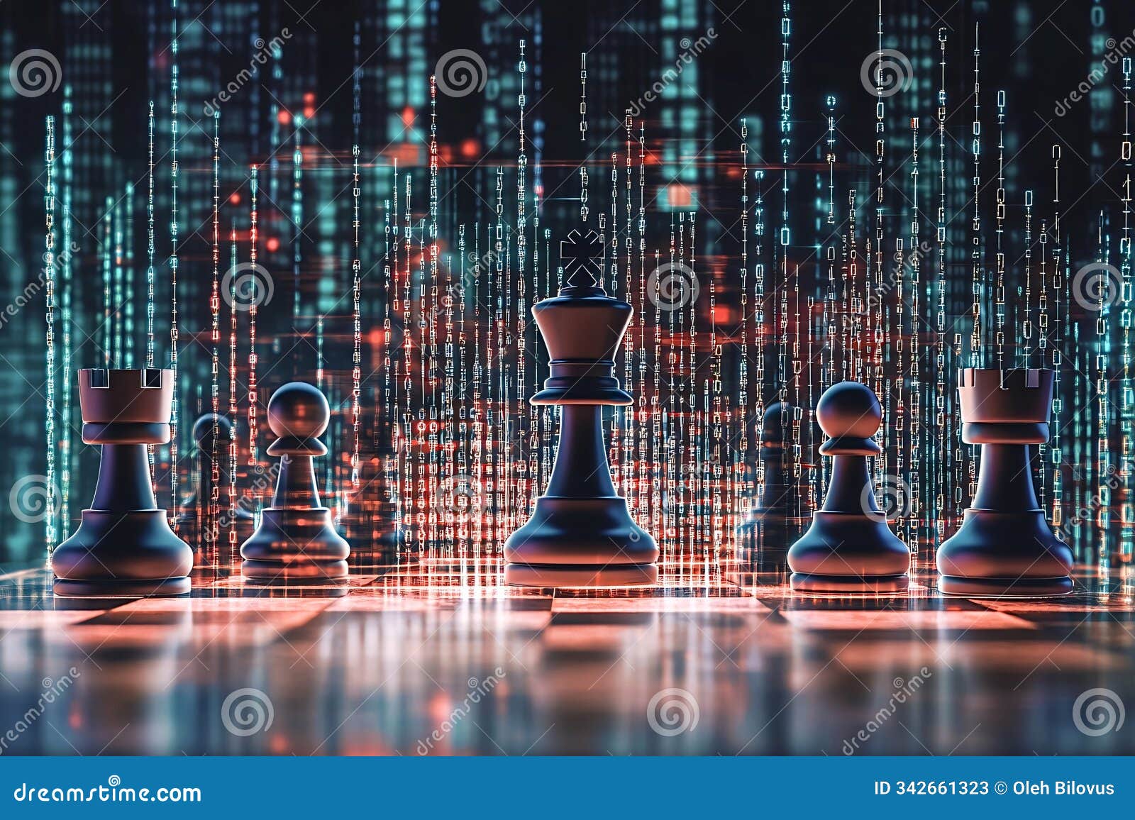 Chess Pieces Standing on Chessboard with Digital Binary Code Background ...