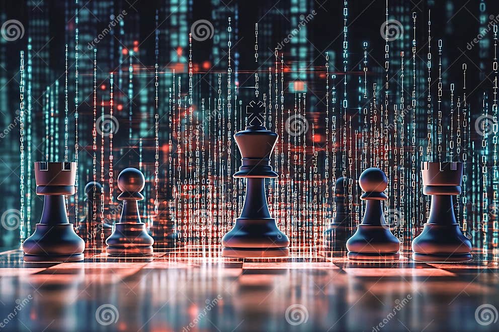 Chess Pieces Standing on Chessboard with Digital Binary Code Background ...
