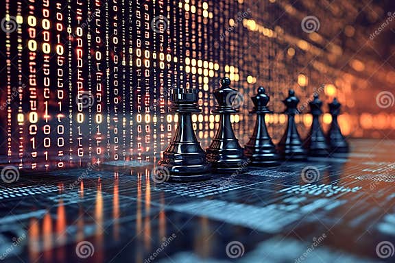 Chess Pieces Standing on Digital Board with Binary Code Background ...