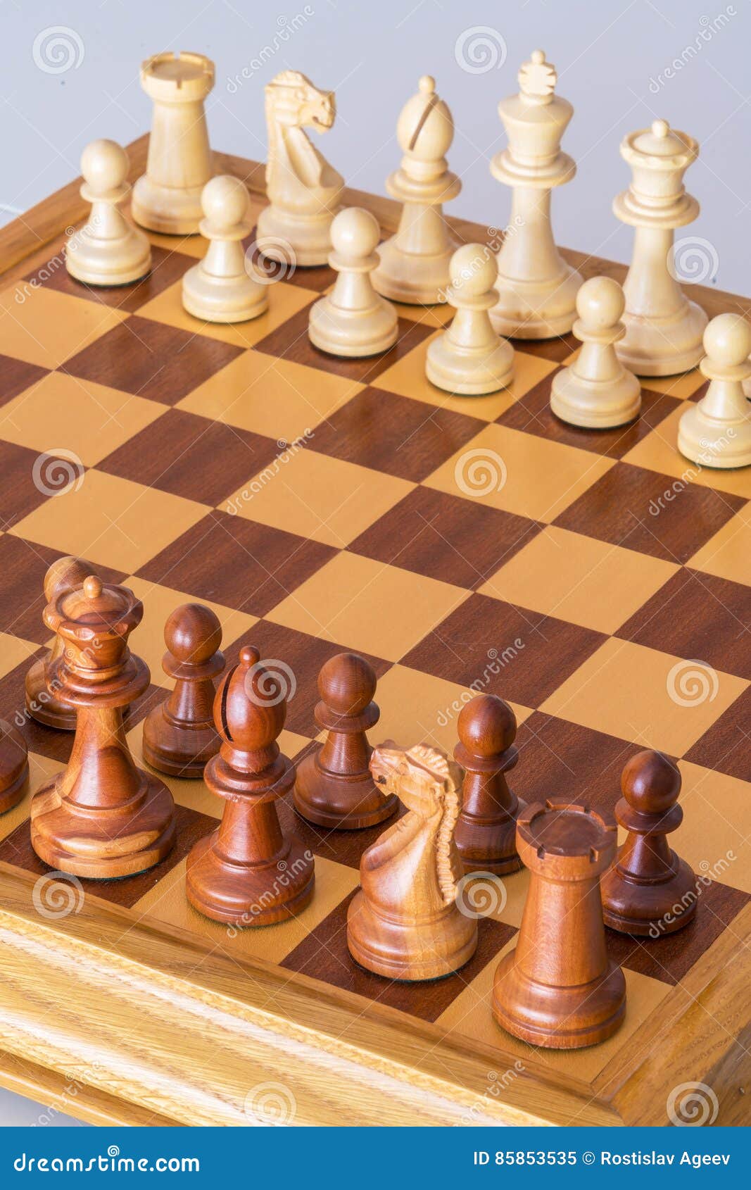 Chess Pieces in Starting Position on a Wooden Board Stock Image - Image ...