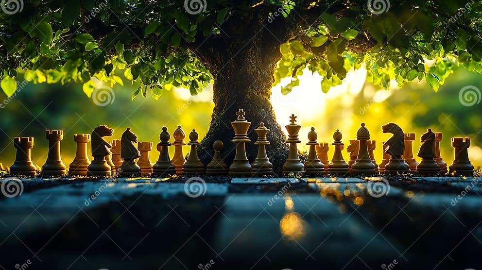 Chess pieces under a tree stock image. Image of leaves - 332827941