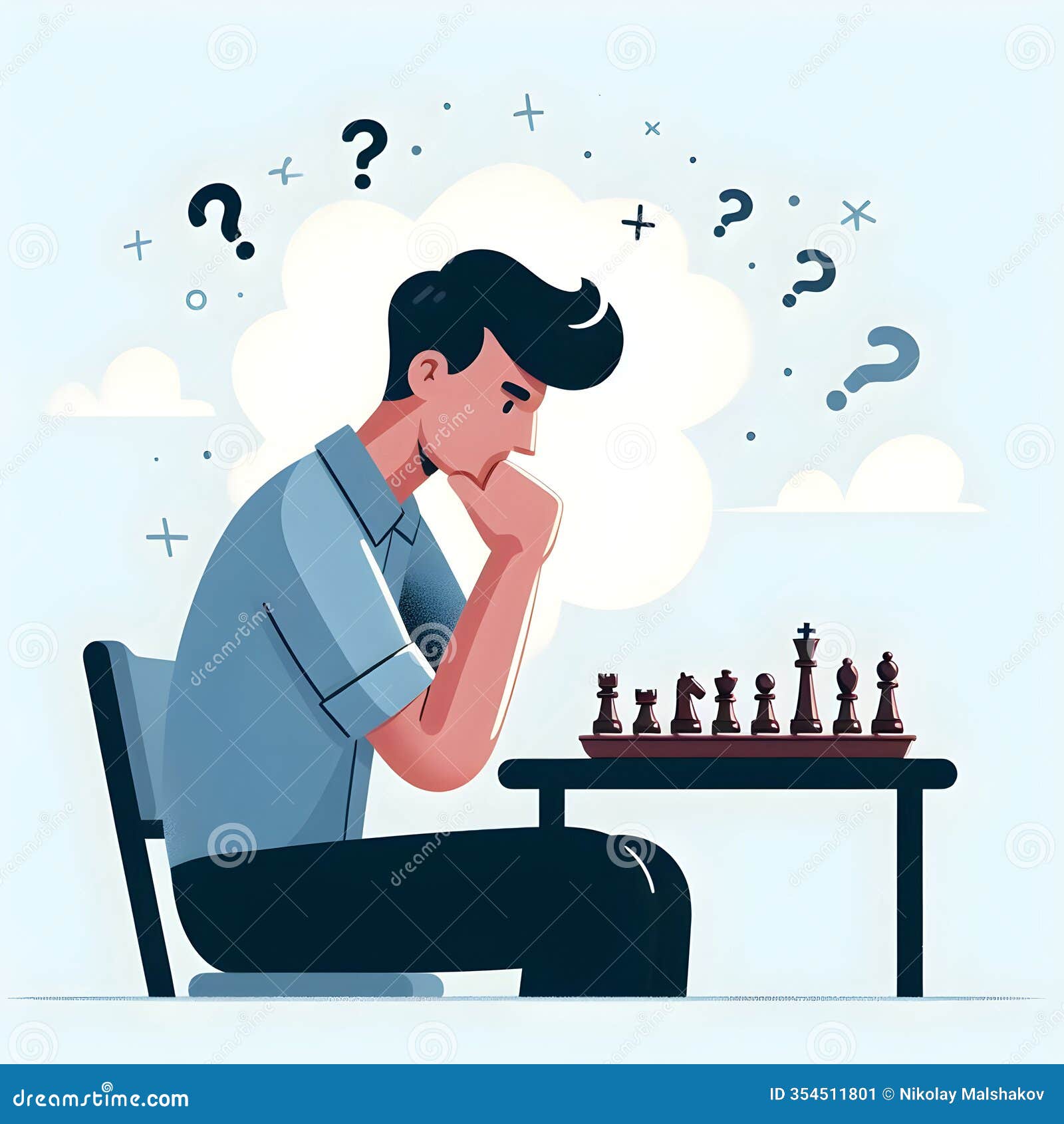 Chess Player Contemplating Strategic Move, Surrounded by Question Marks ...