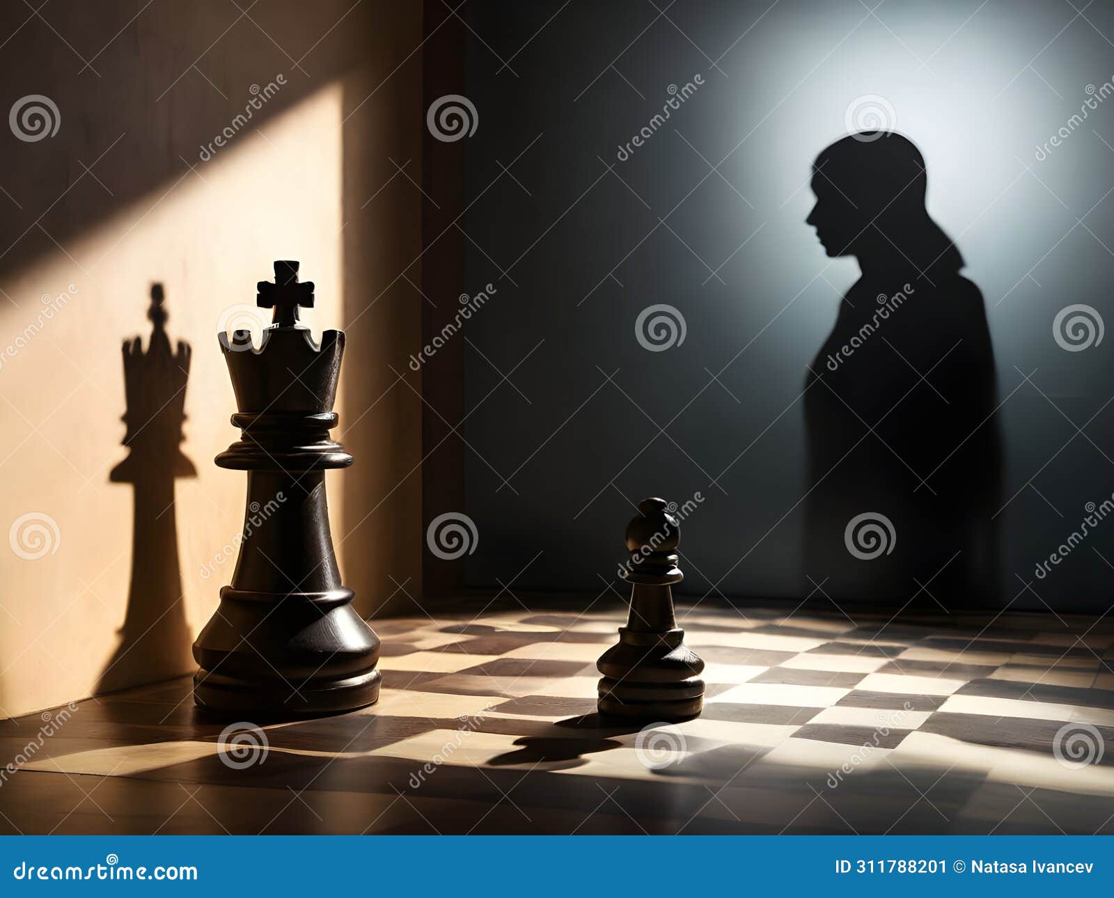 A Chess Queen and a Pawn Casting the Human Shadow on the Wall Behind it ...