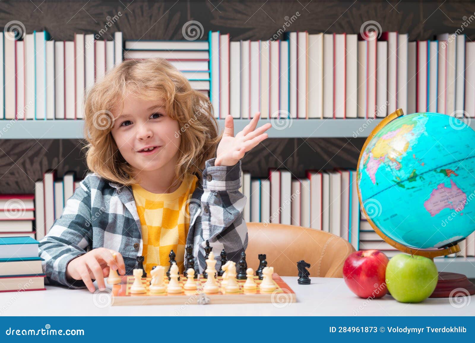 Chess School. Kid Playing Chess. Clever Child Thinking about Chess. Kids Early Development ...