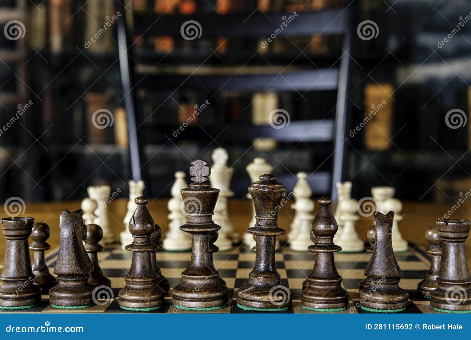 Chess set in retro library stock photo. Image of strategy - 281115692