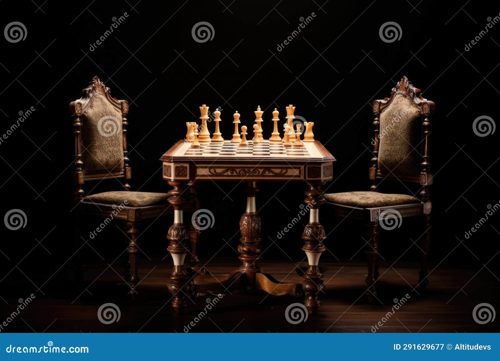A Chess Set on a Table with Two Chairs Stock Image - Image of game ...