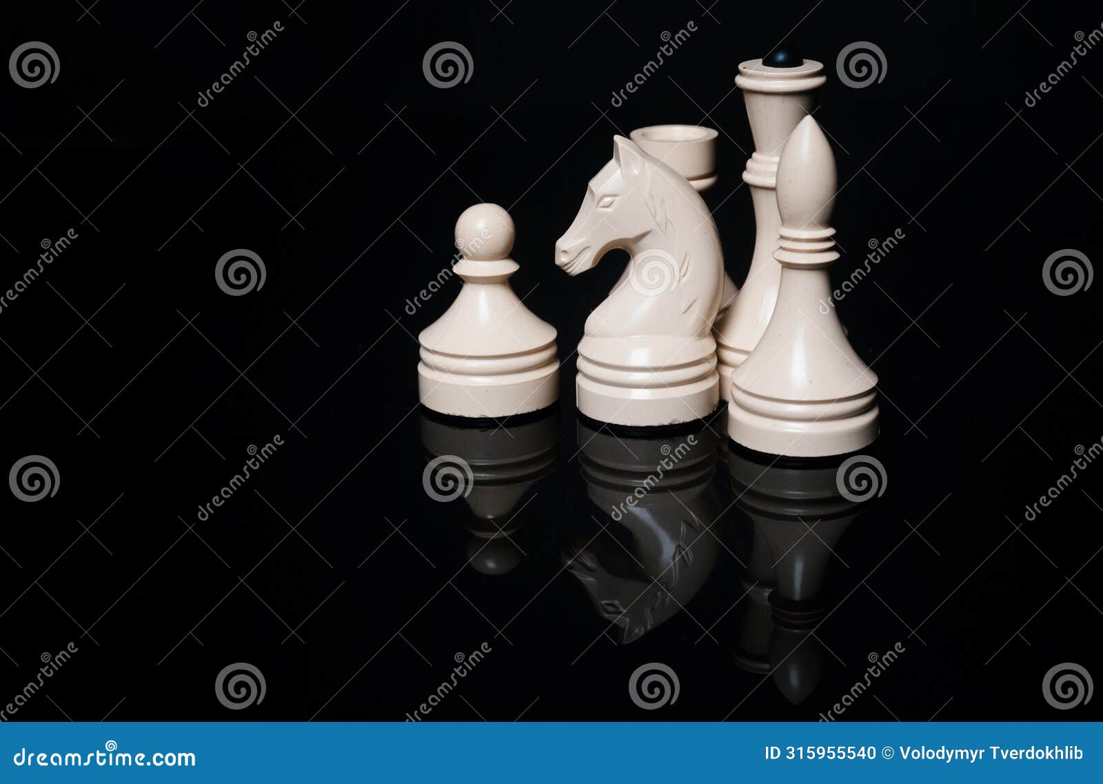 Chess Set. White Chess Pieces Isolated on Black Background. Stock Photo ...
