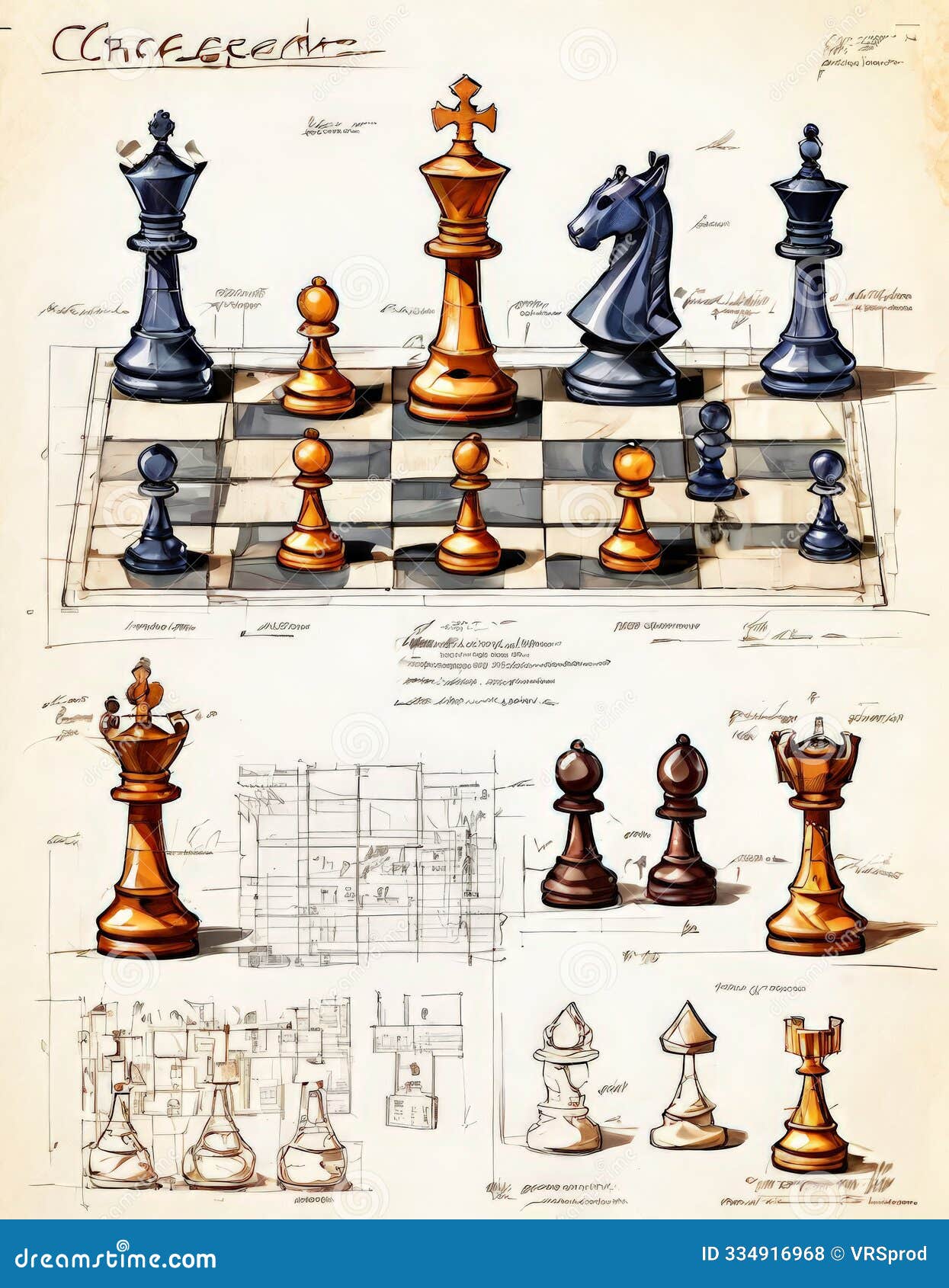 Chessboard with Detailed Piece Sketches and Notes Stock Photo - Image ...