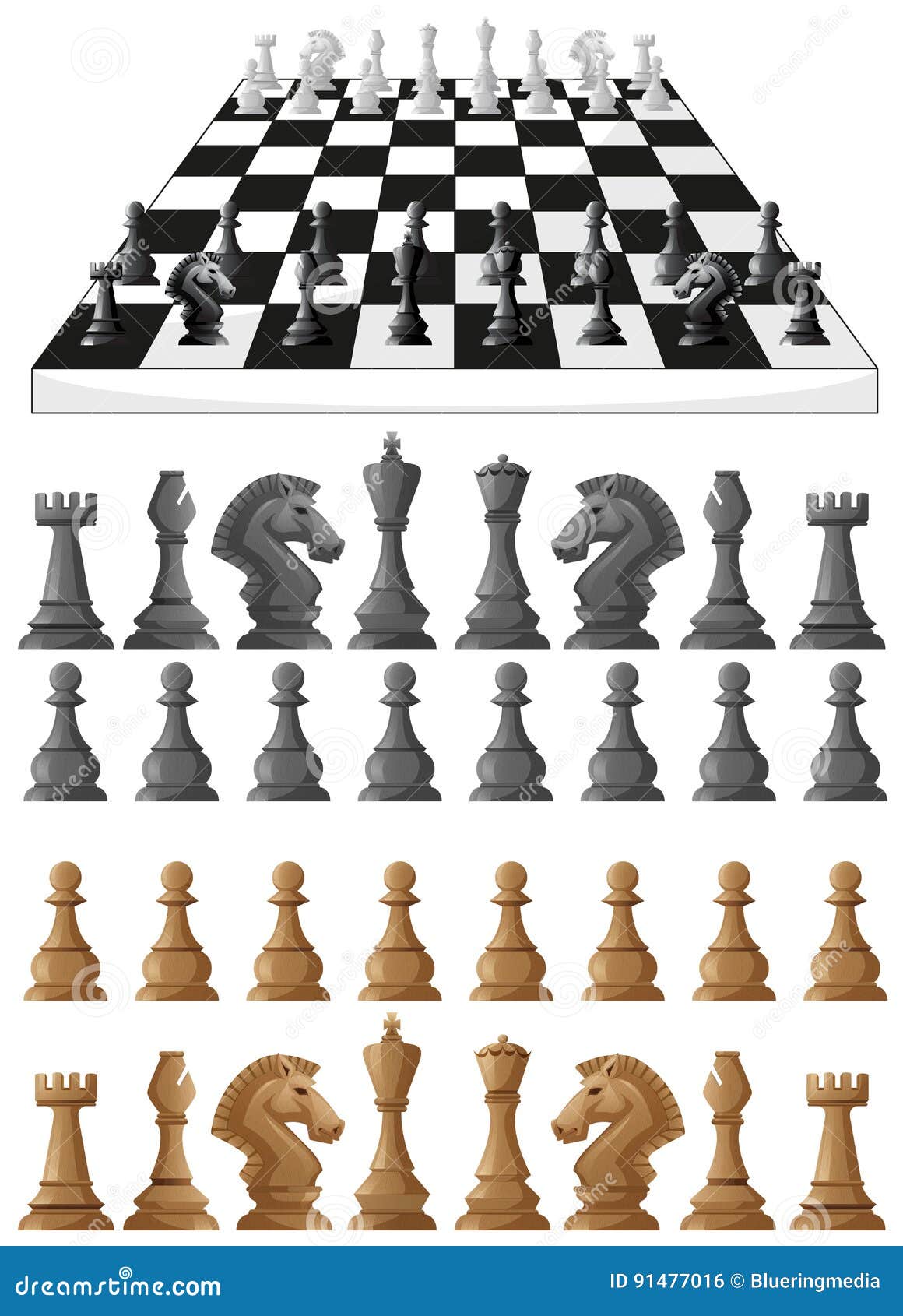 Chessboard and Different Chess Pieces Stock Vector - Illustration of ...